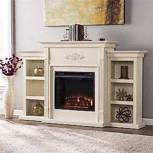 BOWERY HILL Traditional Wood Electric Fireplace with Bookcases in Ivory