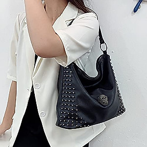 Downupdown Women Handbag PU Leather Shoulder Bag Skull Rivet Tote Bag Crossbody Bag with Long Shoulder Strap-Rivet