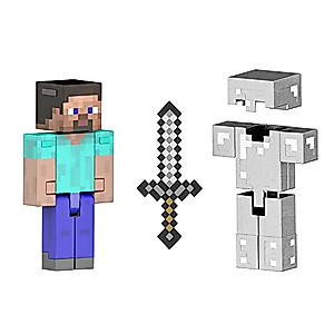 Mattel Minecraft Diamond Level Steve Action Figure & Die-Cast Accessories, Collectible Toy Inspired by Video Game, 5.5 Inch