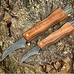 HANZIUP Folding Mushroom Knife Fungus Truffles Harvest Sharp Knives, Wood Handle with Bolster & Brush, Neoprene Pouch