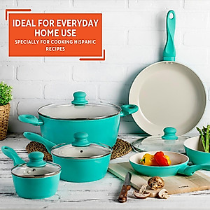 IMUSA USA 10pc Forged Nonstick white Interior Ceramic Teal Cookware Set