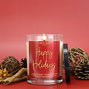 Cedar Crate Market - Happy Holidays Christmas Candle - Apple + Orange + Cinnamon + Vanilla Scented Soy Candles for Home | 13.5 oz Clear Jar, 55+ Hour Burn Time, Made in The USA