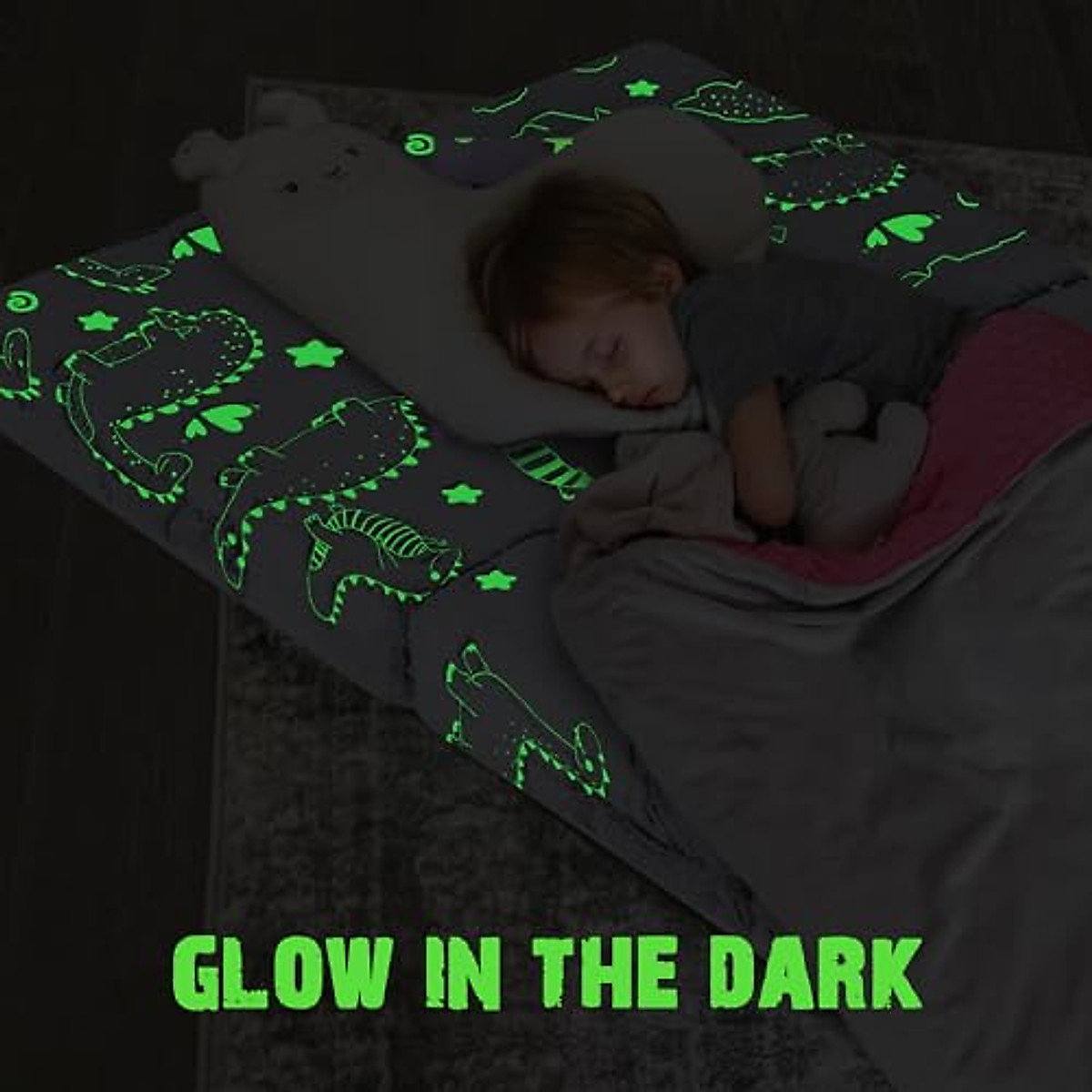 MeMoreCool Glow Dinosaur Foldable Floor Mattress for Kids, Trifold Nap Mat for Toddlers, Portable Daycare Sleeping Futon or Floor Bed, 57x22 Inch