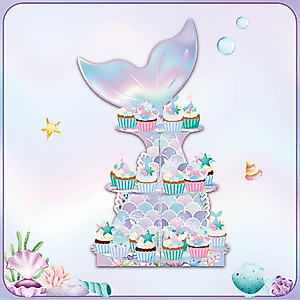 SEVEMIL 3 Tier Mermaid Cupcake Stand, Blue & Pink, Cardboard, 12"H
