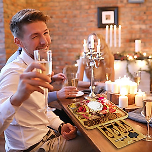 Cheese Board Natural Bamboo Platter with Knife and Forks Set with Ceramic Bowls dubaBoo Charcuterie Platter and Serving Meat, Cheese Board with Slide Out Drawer, Gift for Any Occasion.