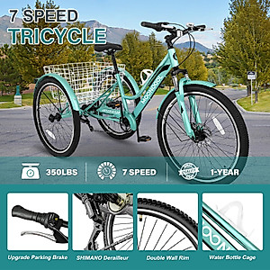 MOPHOTO Mountain Tricycle for Adults, 3 Wheeled 7-Speed Mountain Tricycle 24 inch 26 inch Men's Women's Tricycles Cruiser Bike Featuring Disc Brakes, Cargo Basket