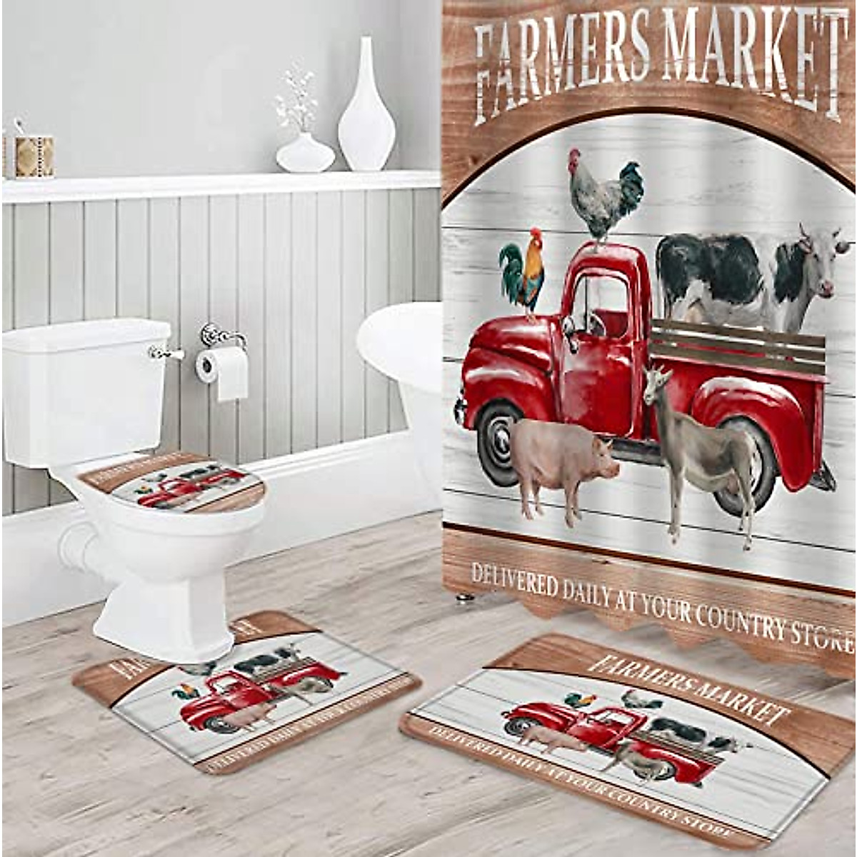 4 Pcs Shower Curtain Sets with Rugs,Vintage Farm Animals Cows Roosters Red Truck Wood Grain Background Bathroom Sets,Waterproof Non-Slip Shower Curtain U-shaped Rug Bath Mat Toilet Lid Cover 12 Hooks