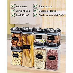 Airtight Food Storage Containers Kitchen-Cereal-Organization - McKain 7 Pieces BPA Free Plastic Pantry Container Set with 24 Labels and Spoon Set