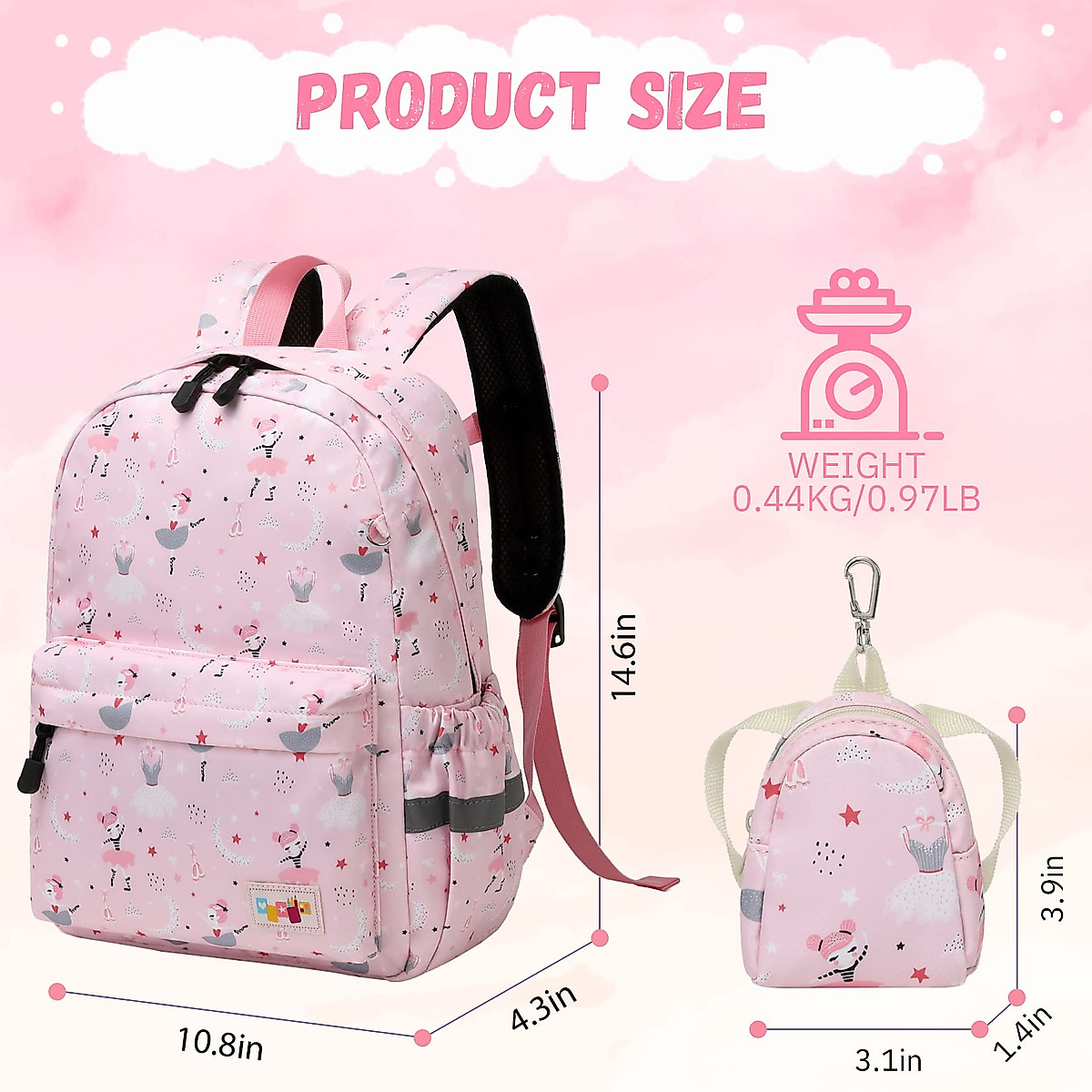 MIRLEWAIY Little Girls Backpack Kids Preschool Beautiful Ballet Dancer Kindergarten School Bag for Travel with Coin Pouch, Pink