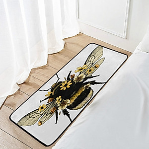 Bees Spring Kitchen Rugs Flowers Summer Bath Mat for Bathroom Absorbent Non Skid Washable Standing Floor Desk Mat Runner Carpet for Home Office Hallway Sink Stove Laundry 39X20 inches