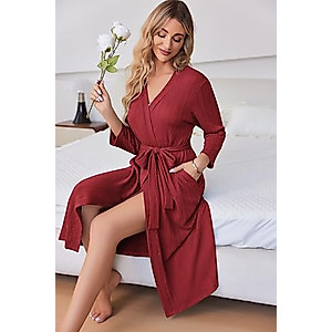 Ekouaer Women's Robes Long Bathrobes Jacquard Knit Spa Shower Robe Fixed Belt Sleepwear with Two Pockets S-3XL