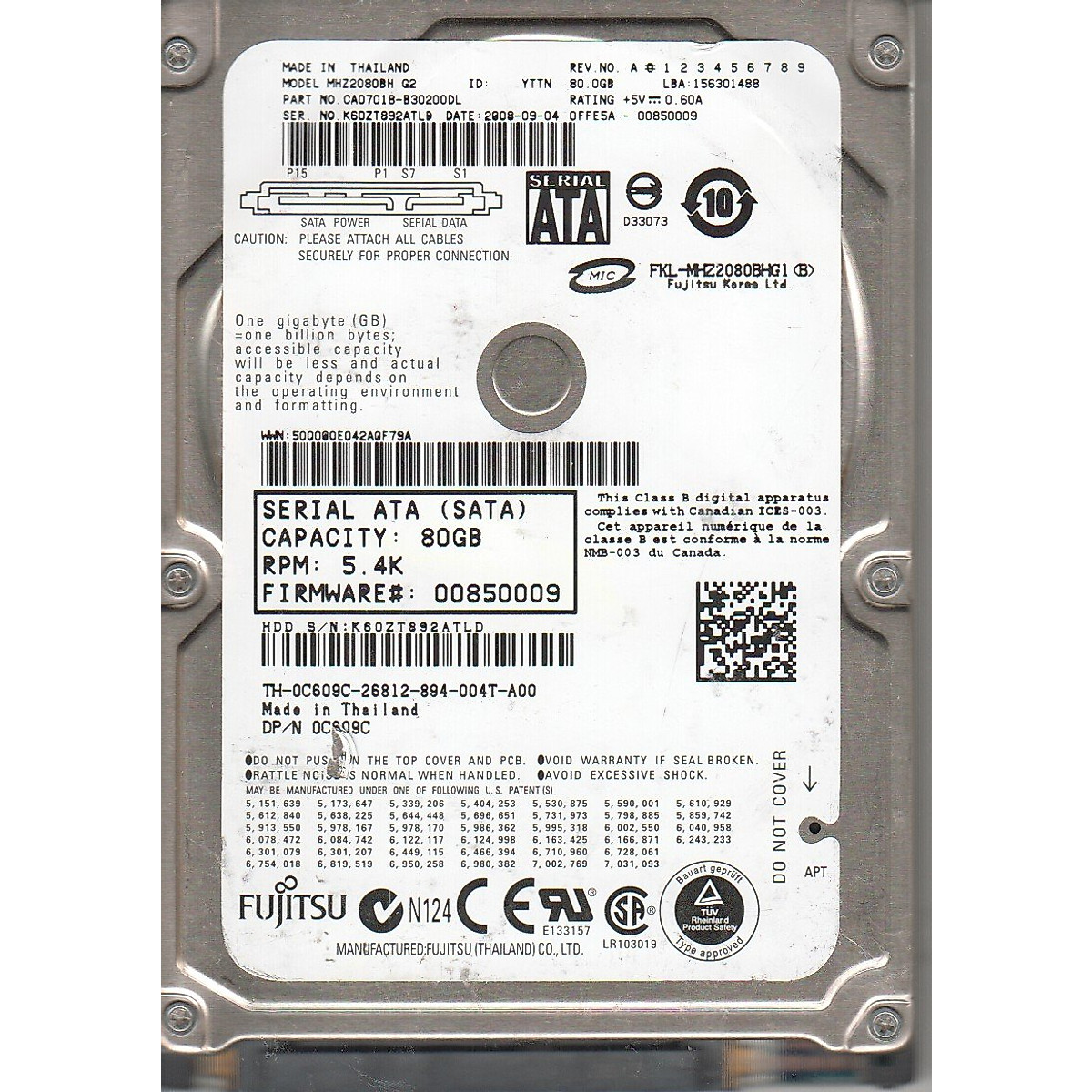 MHZ2080BH G2, PN CA07018-B30200DL, Fujitsu 80GB SATA 2.5 Hard Drive