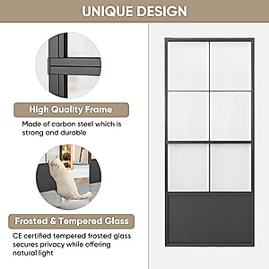 JUBEST Double Barn Door 72 x 84 in with 12FT Hardware Kit and Soft Close Mechanism, 2 Sets of 36x84 in Paneled Frosted Glass Carbon Steel Frame Barn Door,Pocket Interior Door, Easy Assembly