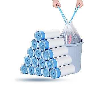 75 Count Drawstring Trash Bags, jixik 4 Gallon Thickened Garbage Bags 17.7" x 19.7" Unscented White Trash Bags for Kitchen, Bathroom, Office Waste Bin Liners