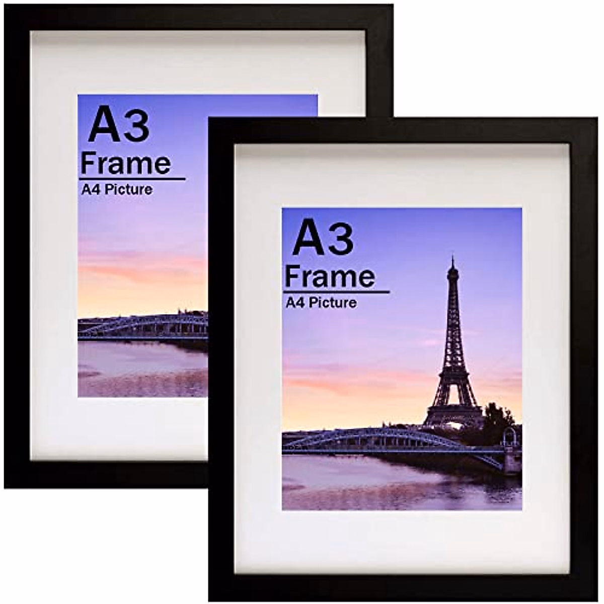 RUN HELIX A3 Frame 2 Pack Solid Wood Picture Frame, Display Pictures A4 with Mat or 11.7x16.5 Inch Without Mat, with High Definition Plexiglass, Horizontal and Vertical Formats for Wall