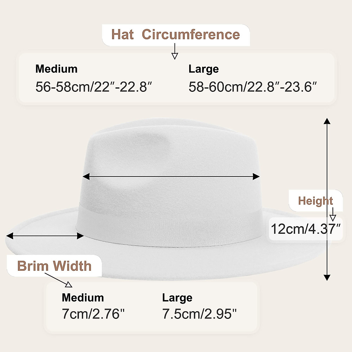 KUJUHA Fedora Hats for Mens/Womens Felt FedoraHats Two Tone Wide Brim Fedora Hats Rancher Hat White