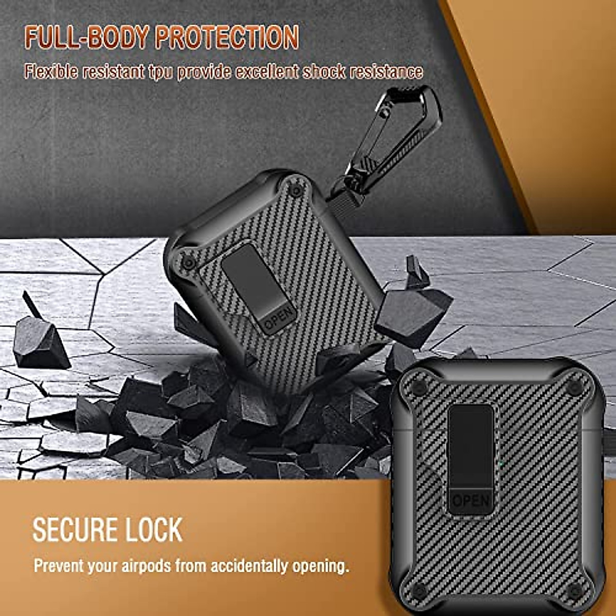 R-fun Airpods Case Cover with Automatic Secure Lock Clip, Protective Rugged Hard Shell for Apple Airpods 2nd & 1st Generation Charging Case with Carbon Fiber Keychain-Black