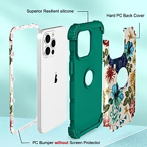 Hocase for iPhone 13 Pro Max Case, Heavy Duty Shockproof Protection Soft Silicone Rubber Bumper+Hard Plastic Hybrid Protective Case for iPhone 13 Pro Max (6.7") 2021 - Teal Flowers