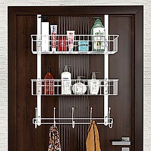 LUCYCAZ Over The Door Hooks Organizer, Door Hanger Towel Rack with 10 Coat Hooks & 2 Mesh Basket Over The Door Shelf, Back of Door Storage Organizer for Barthroom Kitchen Hanging Towel Clothes (White)