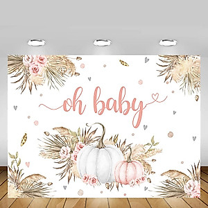 MEHOFOND 7x5ft Boho Floral Pumpkin Oh Baby Backdrop Bohemia Blush Pink Floral Girls Baby Shower Photography Background Little Pumpkin Party Decorations Banner Photo Studio Props