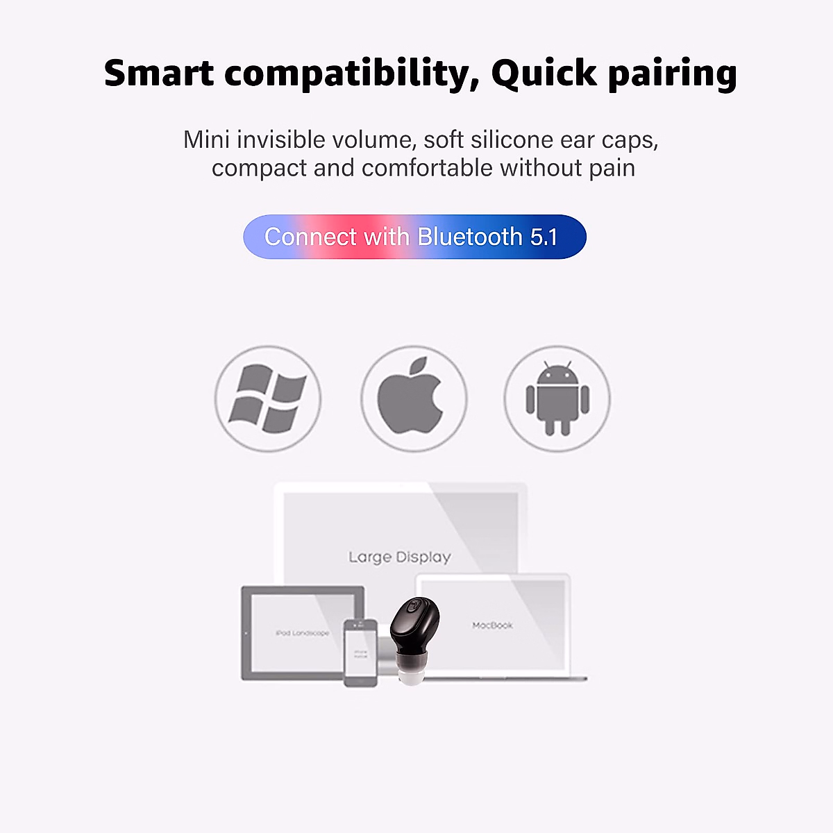 SYSFUN Single Bluetooth Wireless Earbud, Mini Invisible in-Ear Wireless Bluetooth Headphone 12 Hours Super Long Battery Life Suitable for Sports Work and Sleep - Black