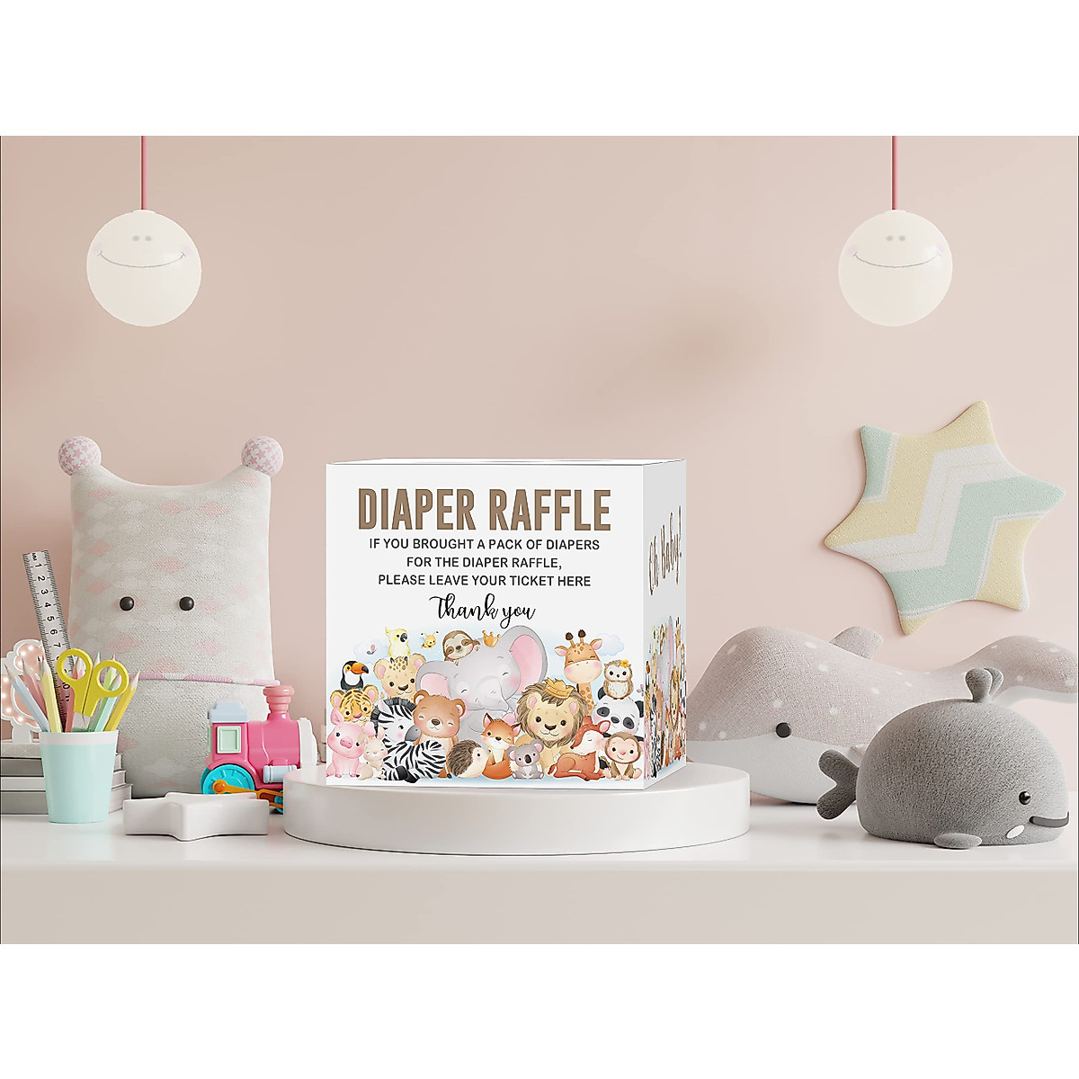 mermermu Diaper Raffle Tickets and Advice Cards For Baby Shower - 1 Card Collection Box & 50 Tickets, Animal Baby Shower Card Box, Party FavorsDecorationsSupplies, Game Kit, 8" Card Box -005BOX