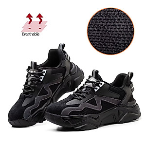 Ruivina Steel Toe Shoes for Women Men Wide fit Work Safety Shoe Lightweight Slip Resistant Comfortable Composite Indestructible Sneakers Black 36