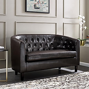 Naomi Home Barrel Love Seat, Button Tufted Faux Leather Loveseat Sofas, Faux Leather couches, Small Loveseats for Small Spaces, Bedrooms, Love Seat Couches for Living Room - Espresso
