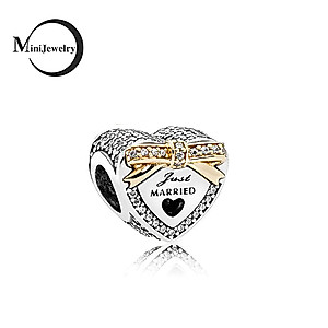 MiniJewelry Women Wedding Just Married Love Heart Charm for Bracelets Necklaces Pendants Sterling Silver Charm Bride Wife Sister Friends Family Birthday Christmas