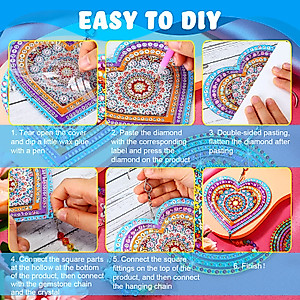 Queekay 2 Pieces 3D Diamond Wind Chime Diamond Art Suncatcher Kits Three Dimensional by Number Hanging Ornament Double Sided Crystal Suncatcher Window Decor for Home Wall Garden(Heart)