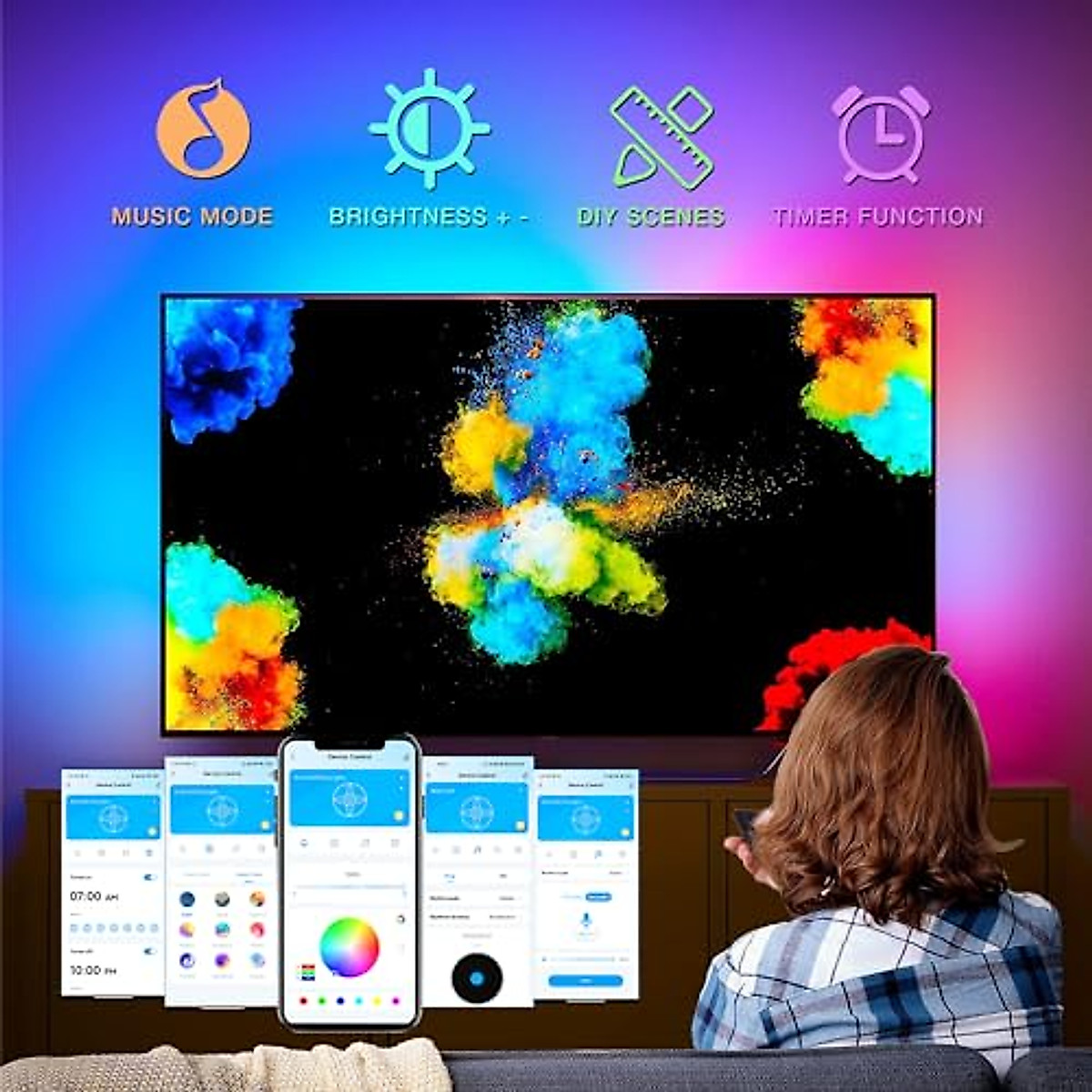 LED Lights for TV 65 Inch, TV LED Backlight, 15ft LED TV Lights for 45-75 Inch, RGB LED Strip Lights with Remote, Bluetooth APP, USB Powered Music Sync TV LED Lights for Bedroom, Gaming Room Decor