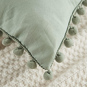 MOVE OVER Sage Green Body Pillow Cover 20x54 Inches Cute Pom Poms Decorated Body Pillow Cover Soft Washed Microfiber Boho Body Pillow Cover with Pocket Closure, Pack of 1
