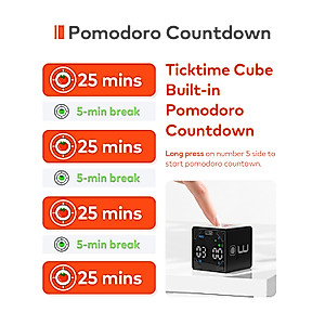 Ticktime Cube Pomodoro Timer, Productivity Timer, Pause & Resume, Mute, Vibration & Adjustable Sound Alert, for Task, Work, ADHD, ADD, Meeting, 1/3/5/10/15/25/45/60min & Custom Countdown - Black