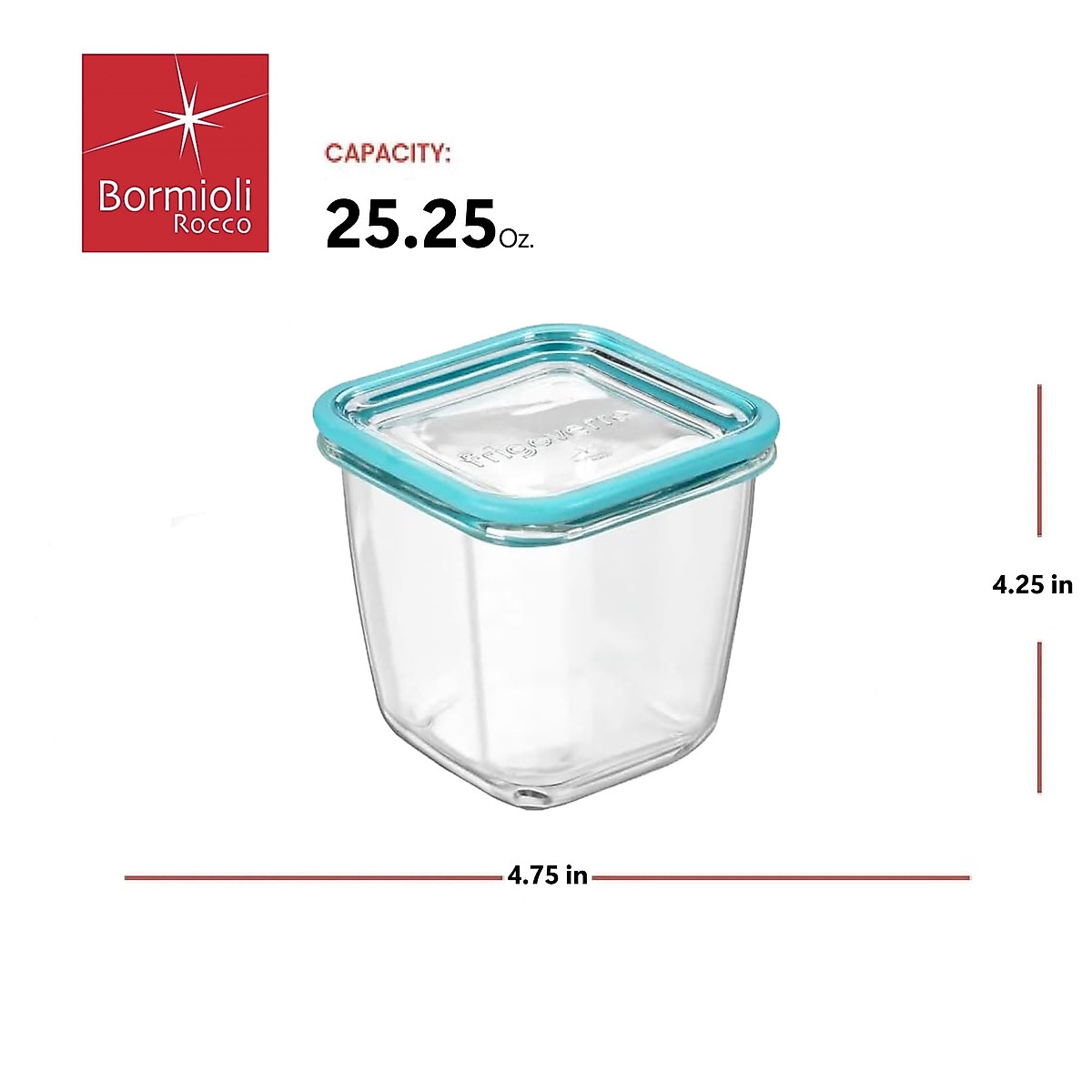 Bormioli Rocco Frigoverre Future Set Of 2 25.25 oz. Square Food Storage Container, Made From Durable Glass, Dishwasher Safe, Made In Italy, 2 Pack.