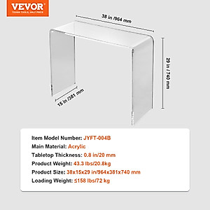 VEVOR Acrylic Console Table, Clear Acrylic End Table, Transparent Acrylic Side Table 38.2x15x29.3 inch, for Foyer, Living Room, Dining Room