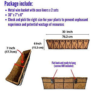 LaLaGreen Wall Hanging Planters - 2 Pack, 30 Inch Deck Railing Hanging Pot, Over the Rail Flower Boxes Black Window Plant Basket Attach to House Outdoor with Coco Liner Metal Fence Balcony Patio Porch