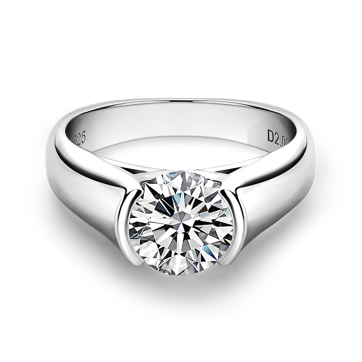 CannyCat 2 Carat Moissanite Half Bezel Set Ring for Women Platinum Plated Silver D color VVS 8mm Moissanite Diamond Solitaire Engagement Promise Band (7)