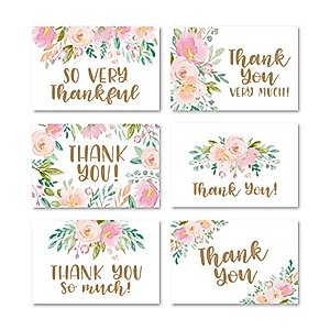 24 Pink Blush Floral Thank You Cards With Envelopes, Great Note For Adult Funeral Sympathy or Gift Gratitude Supplies For Grad, Birthday, Baby or Bridal Wedding Shower Boy or Girl Watercolor Flower