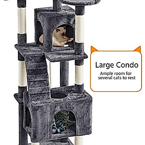 Yaheetech XL Cat Tree, 72in Multi-Level Cat Tower w/ 2 Cozy Caves, 3 Soft Perches, Scratching Posts, Board, and Dangling Ball, Cat Furniture Cat Play House Kittens, Dark Gray