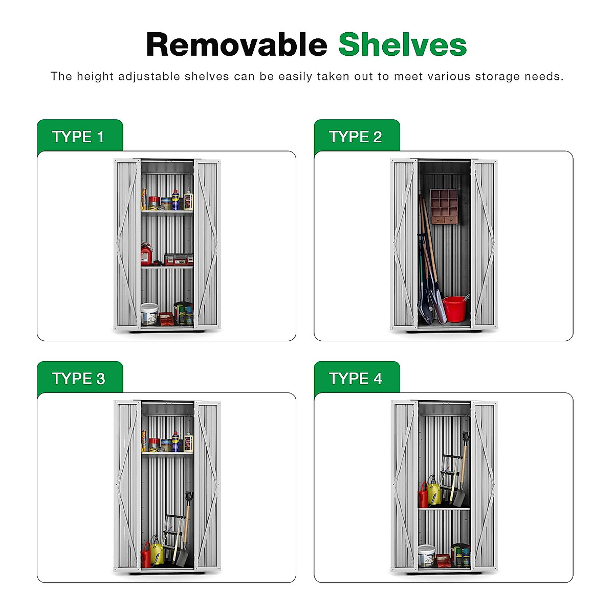 AECOJOY Outdoor Storage Cabinet Waterproof with Adjustable Shelves, Lockable Metal Outdoor Garden Storage Shed Organizer, Versatile for Garage, Backyard, or Indoor Use in White