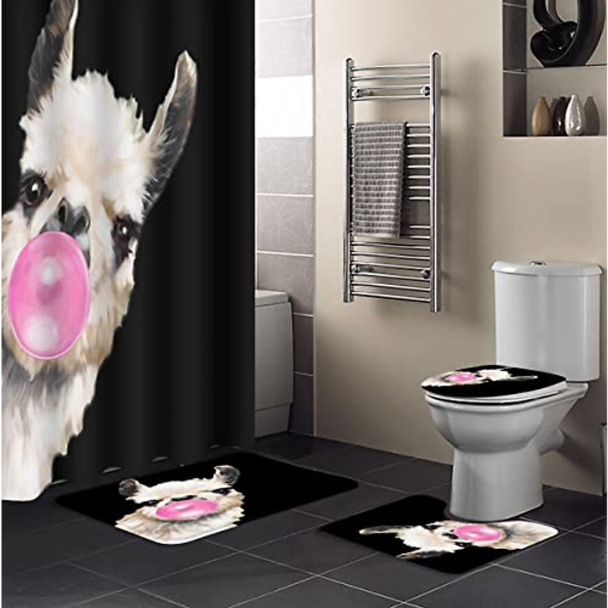 SDDSER Funny Alpaca Shower Curtain Set, 4PCS Bathroom Sets with Shower Curtain and Bath Mat, Toilet Lid Cover and U Shaped Rugs, 71" x 72" Bathtub Curtain with Hooks, SETLSSD109