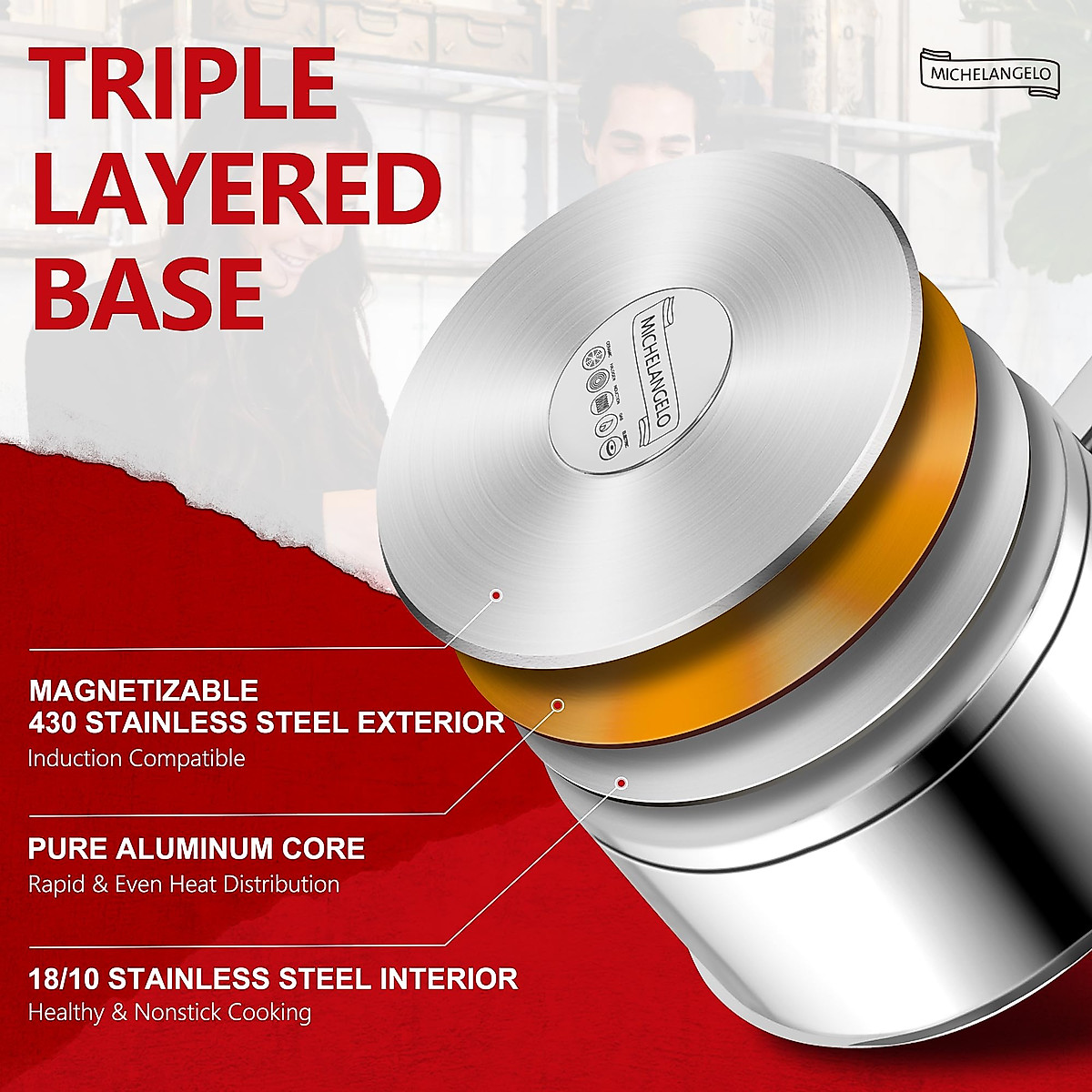 MICHELANGELO Saucepan Set 3 Sizes, Stainless Steel Sauce Pan with Lid, Tri-Ply Bottom Sauce Pot Set, Nonstick Saucepan, Induction Compatible, 1QT & 2QT &3QT