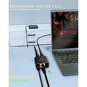 Ethernet Splitter, Gigabit RJ45 Ethernet Splitter 1 to 2, 1000Mbps Network Extension Connector with USB Power Cable, 8P8C Extender Plug for Cat5/5e/6/7/8 Cable (2 Devices Simultaneous Networking)