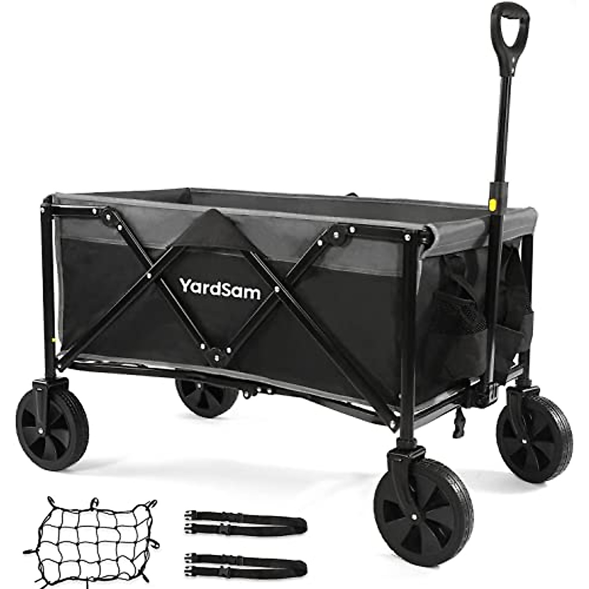Yardsam Collapsible Folding Utility Wagon Cart Outdoor, Heavy Duty Garden Cart with All Terrain Wheels, Large Capacity Foldable Beach Wagon Cart for Camping Shopping, w/Cargo Net/Straps, Black