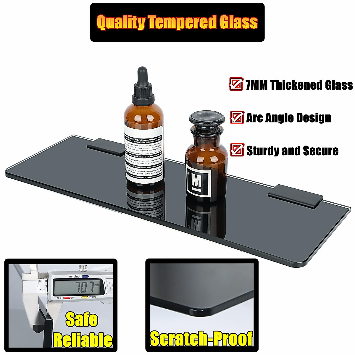 Alise Bathroom Shelves Glass Shelf,Wall Mount Floating Shelves for Bathroom,Rectangular Tempered Glass Shelves for Wall Storage Organizer,Black Finish AGBL2010R-B