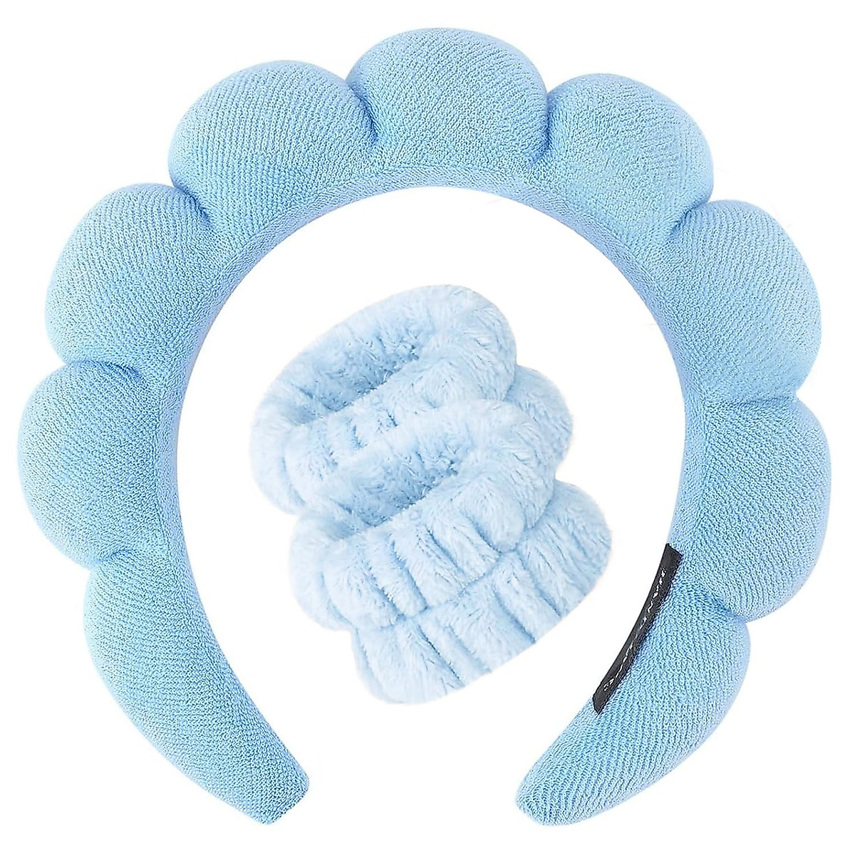 ANEESAA Spa Headband for Washing Face Wristband Set Sponge Makeup Skincare, Terry Cloth Bubble Soft Get Ready Hairband for Women Girl Puffy Padded Headwear Thick Hair Accessory (Blue)