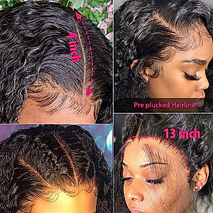 30 Inch Lace Front Wig Human Hair for Black Women 180% Density HD Transparent 13x4 Deep Wave Lace Front Wigs Human Hair Pre Plucked Wet and Wavy Brazilian Curly Glueless Lace Frontal Wigs (30Inch）