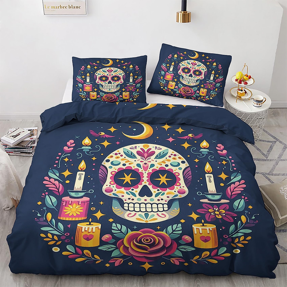 zcwl Día De Muertos Duvet Cover Full Size | Sugar Skull Bedding Set | 3 Piece | Soft Microfiber Patterned Comforter Cover with Zipper Ties & 2 Pillowcases | Day of The Dead Bedroom Decor