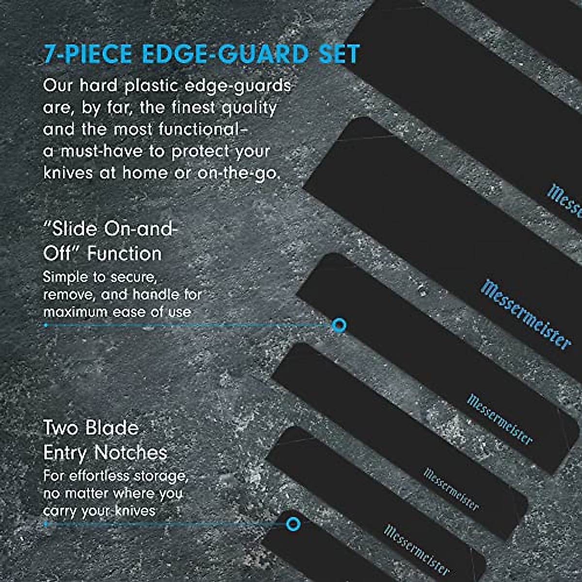 Messermeister Edge-Guard Set of 7, Black - Fashionable & Functional Knife Protector for Slicer, Chef’s, Santoku, Utility, Steak & Parer Knives - 2 Blade Entry Notches - Includes 7 Knife Edge Guards