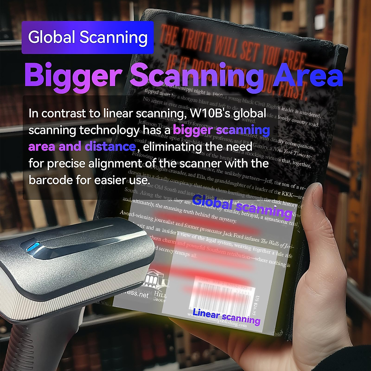 KILOGOGRAPH Barcode Scanner Wireless W10B - QR Code Scanner, Global Scanning Tech, Book Scanner for Personal Library, Portable Bluetooth USB Home Inventory Bar Code Scanner for Laptop iPhone Android